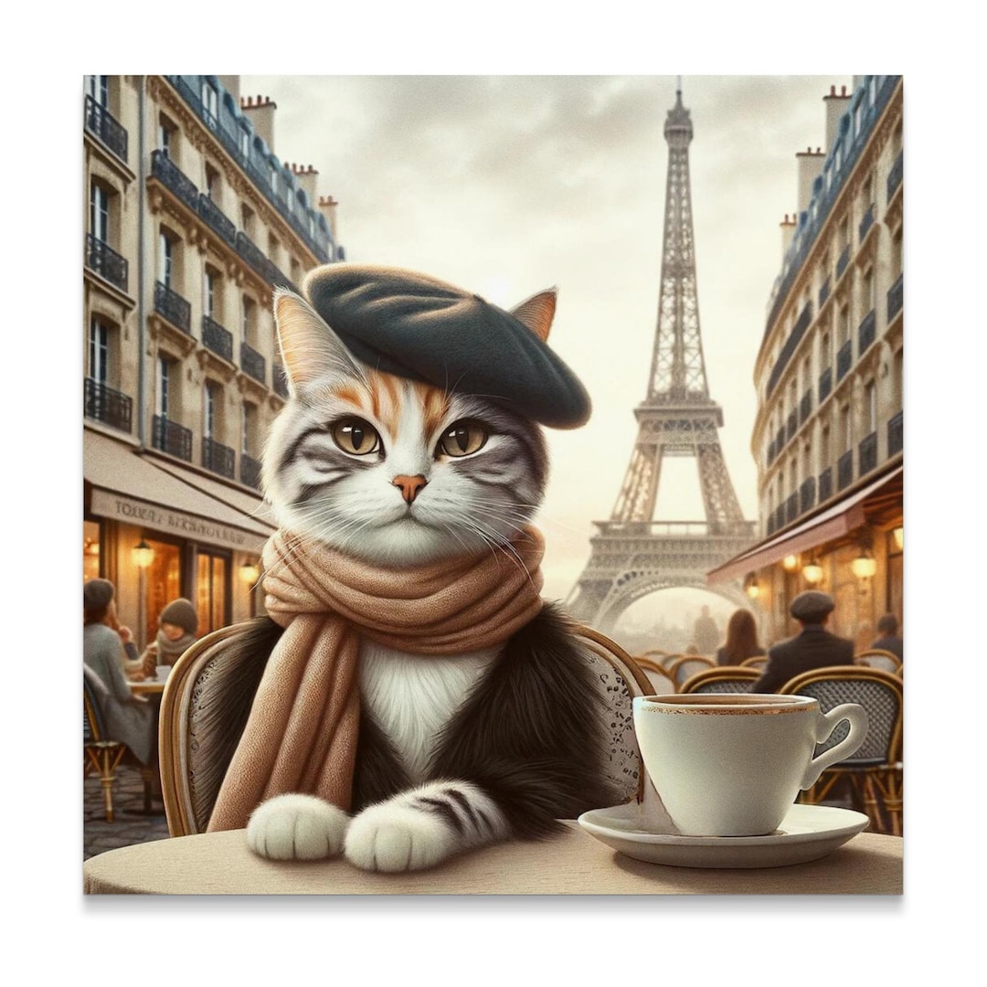 Charming Cat in Paris Cafe Wall Art, French Beret and Scarf, Eiffel ...