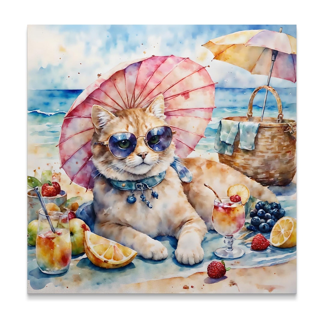 Cat in Sunglasses Beach Art, Watercolor Painting, Cat Wall Decor, Fun ...