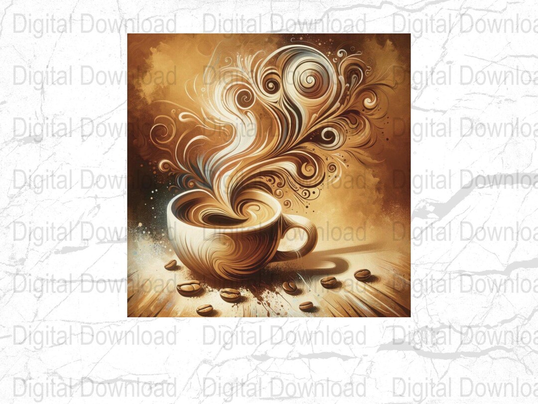 Whimsical Coffee Cup Art Digital Download, Warm Tones Kitchen Wall ...