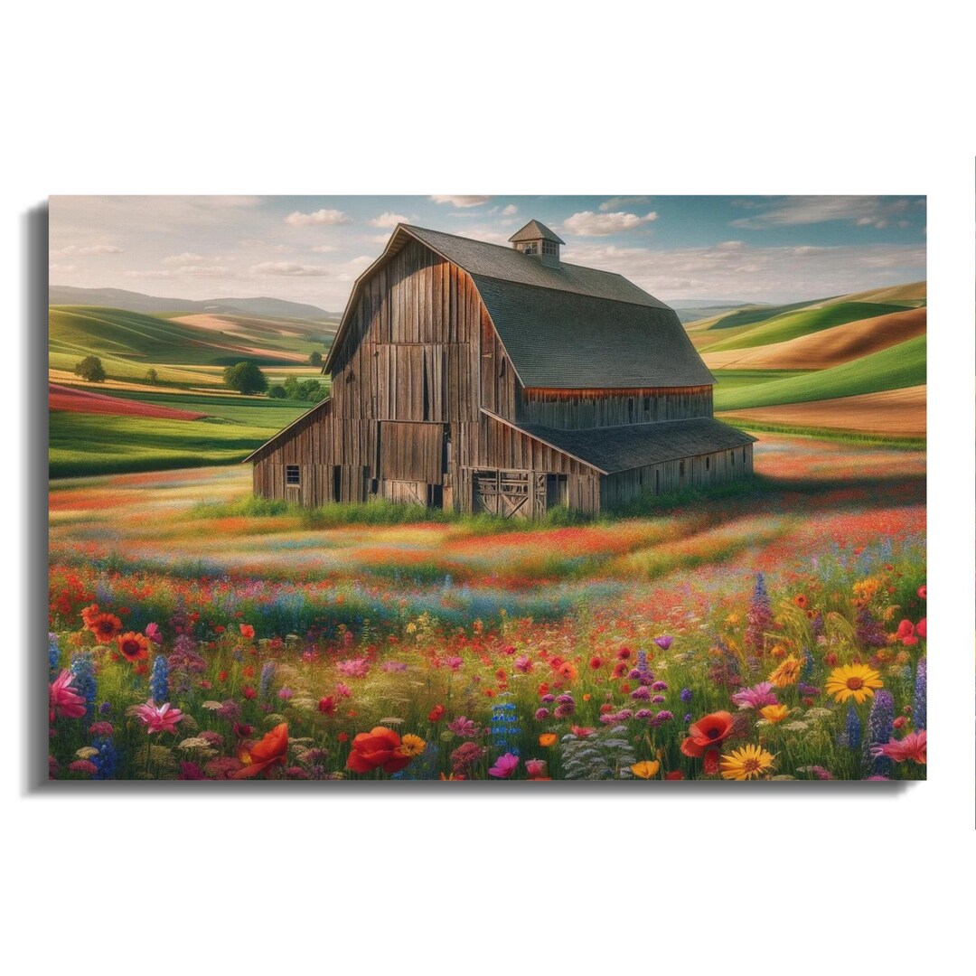 Rustic Barn Landscape Wall Art, Colorful Wildflower Field Print ...