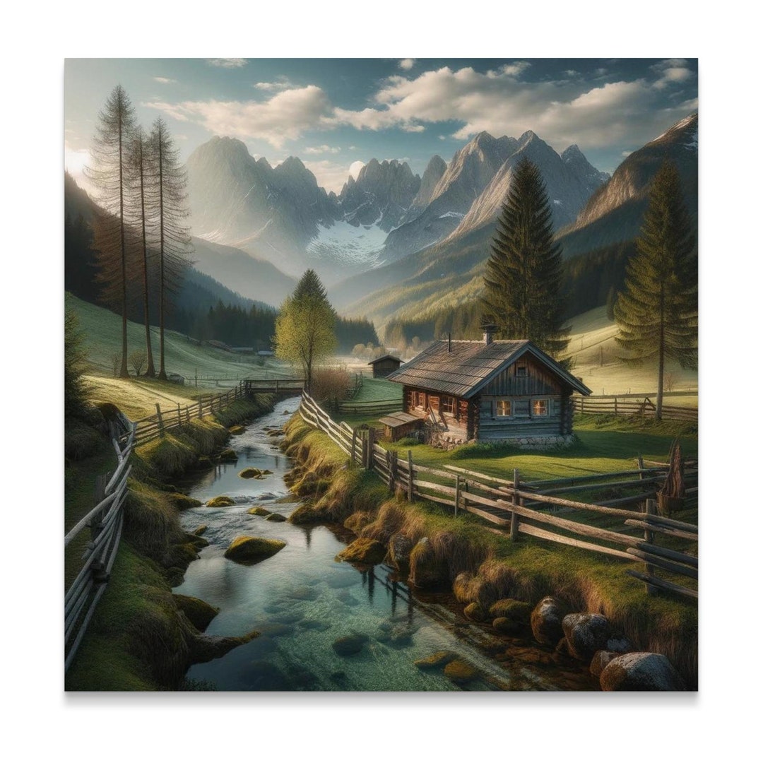 Rustic Mountain Cabin Landscape Wall Art, Scenic Nature Print, Alpine ...