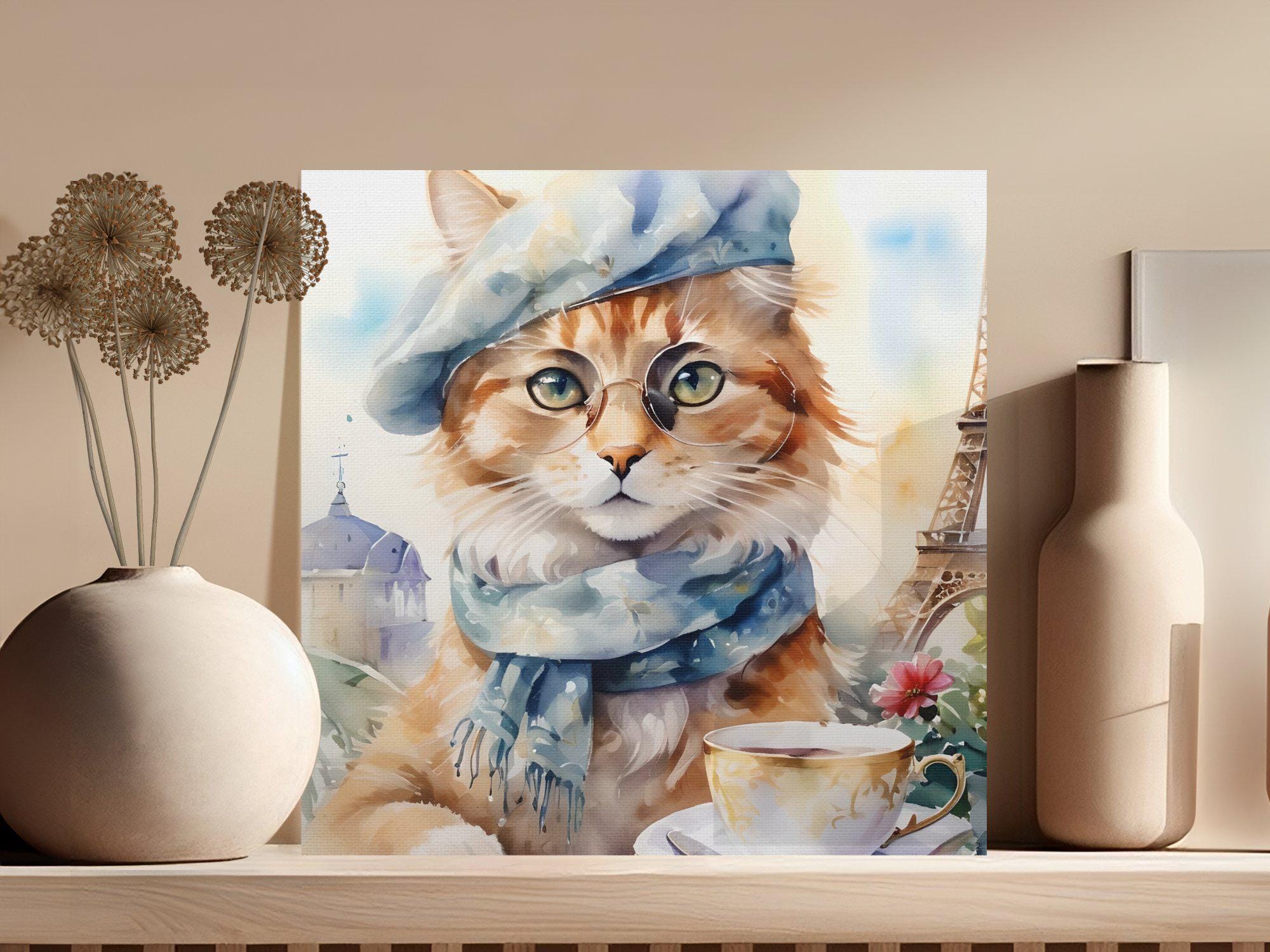 Cute Cat in Paris Canvas Wall Art, Vintage Cat Wearing Beret and ...