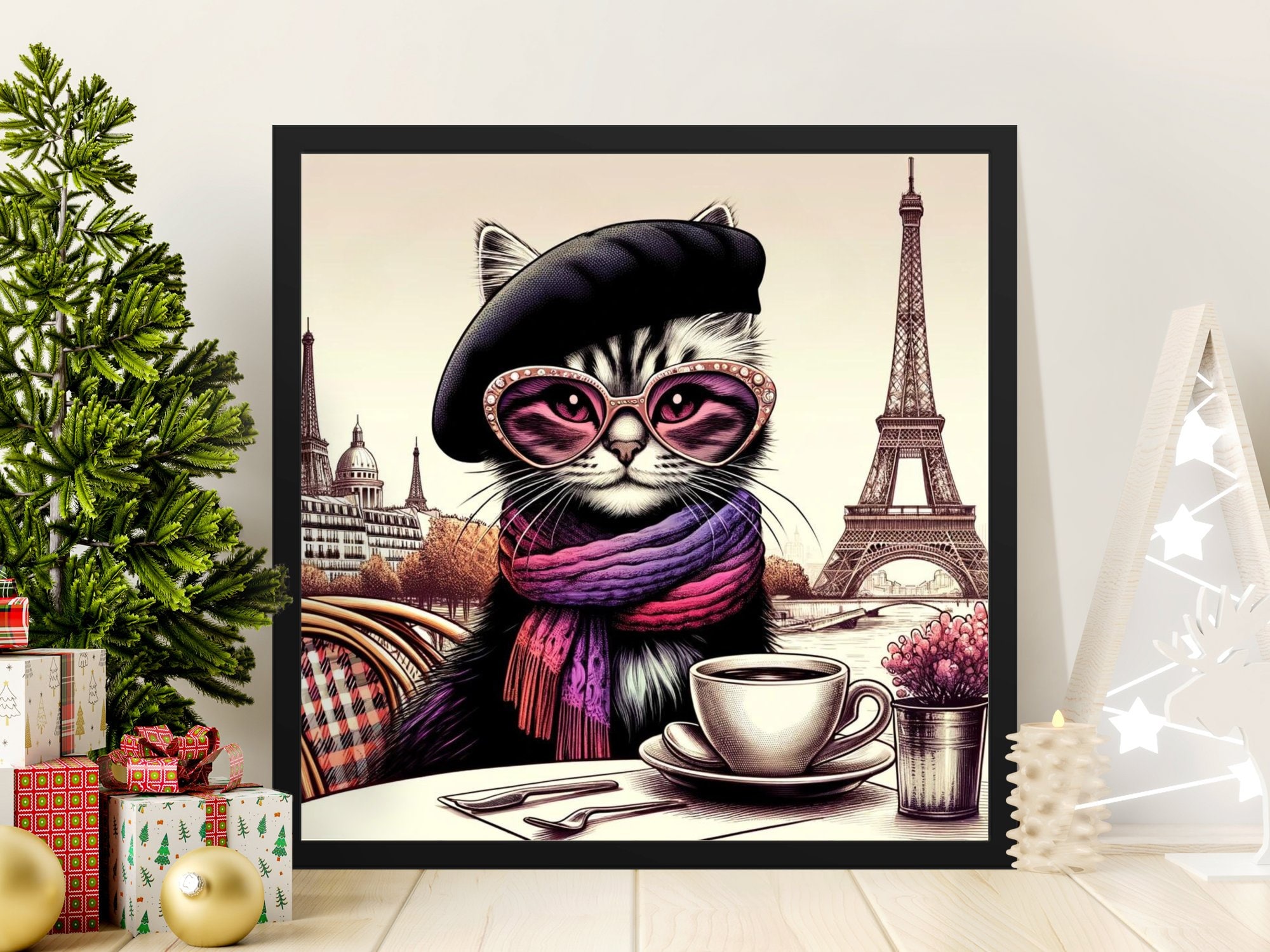 Chic Parisian Cat in Beret and Glasses, Eiffel Tower Background Wall ...