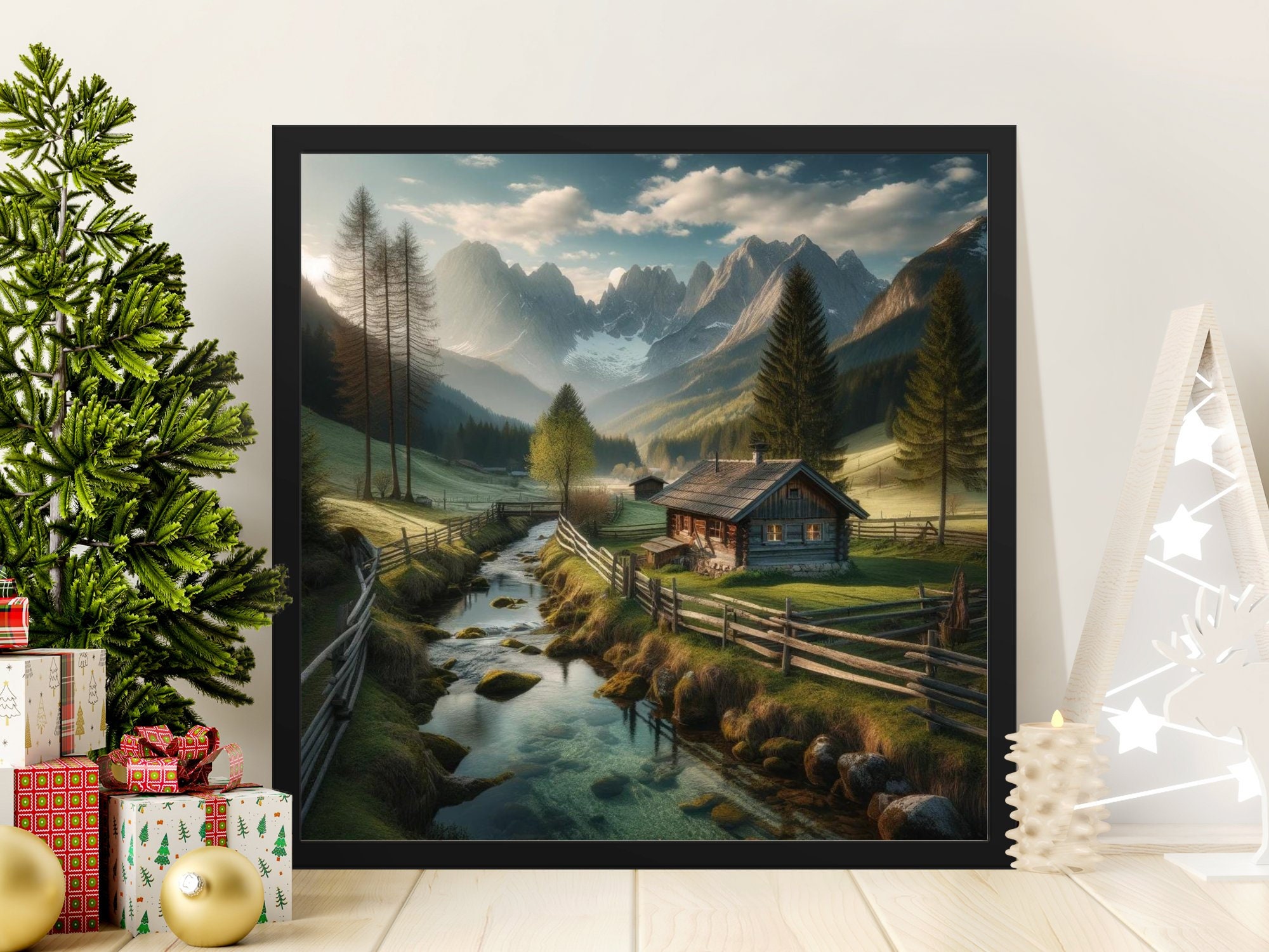 Rustic Mountain Cabin Landscape Wall Art, Scenic Nature Print, Alpine ...