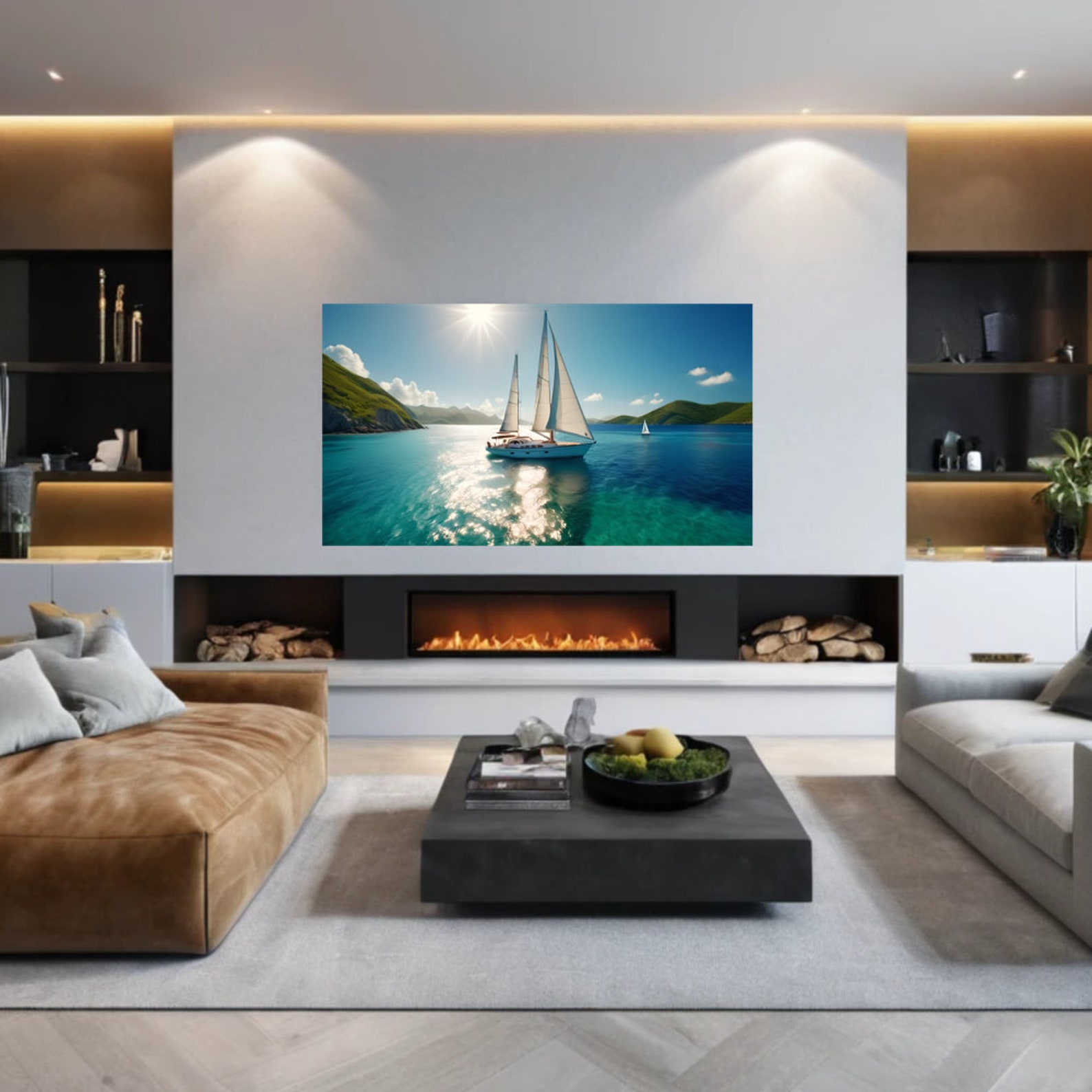 Sailboats on Tranquil Sea Digital Art, Samsung Frame TV Art, 16x9 Ratio ...