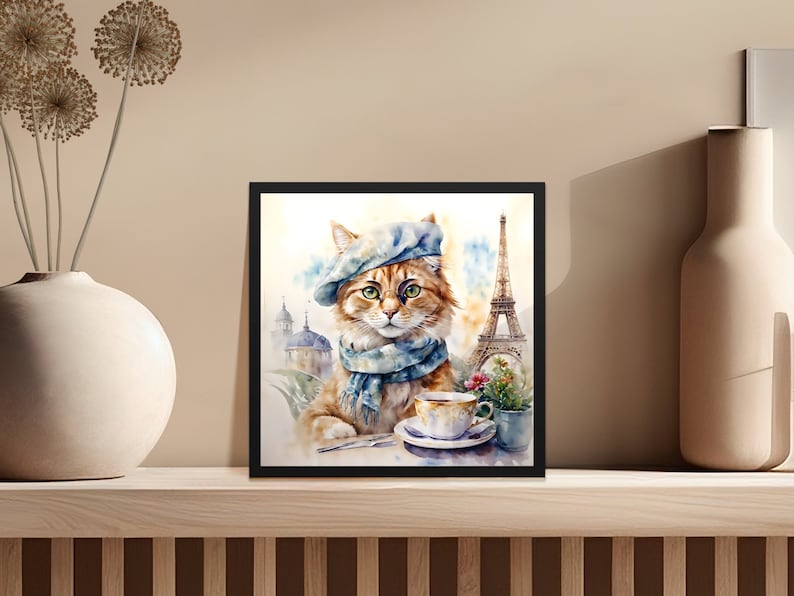 Parisian Cat Wall Art, Watercolor Cat in Beret, Eiffel Tower Background ...