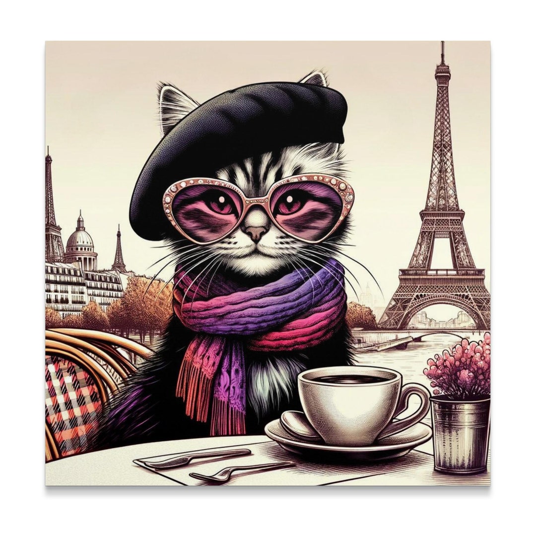 Chic Parisian Cat in Beret and Glasses, Eiffel Tower Background Wall ...