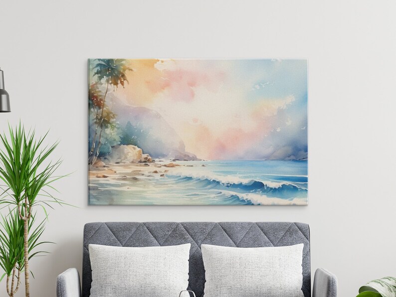 Watercolor Beach Scene Wall Art, Coastal Sunset Poster, Ocean Waves ...