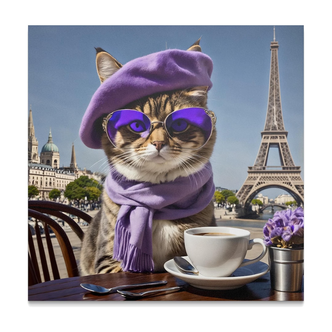 Stylish Cat in Purple Hat and Scarf, Eiffel Tower Paris Background ...