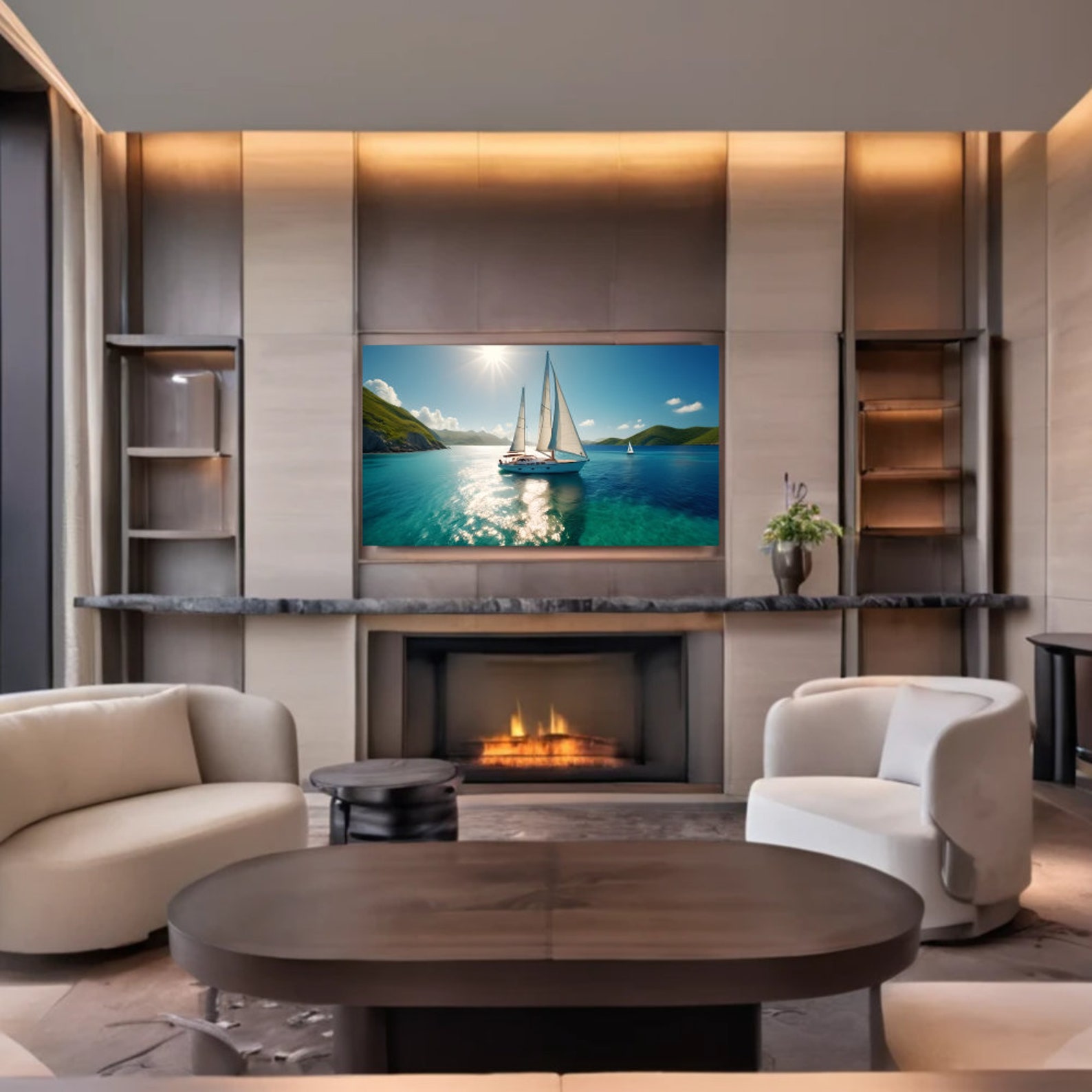 Sailboats on Tranquil Sea Digital Art, Samsung Frame TV Art, 16x9 Ratio ...
