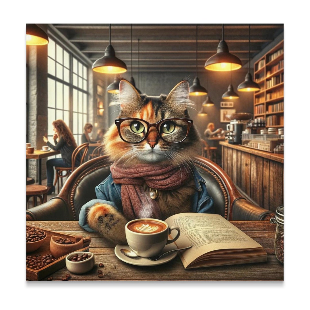 Whimsical Cat in Library Print, Book Lover Cat Art, Hipster Cat Wall ...