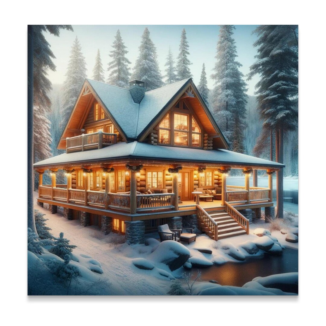 Winter Cabin Snow Scene Wall Art, Rustic Log Cabin Decor, Peaceful ...