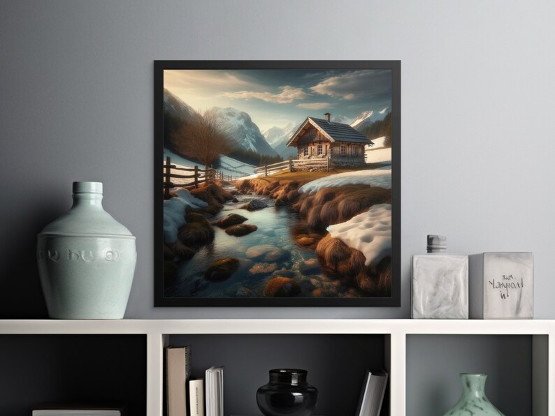Rustic Mountain Cabin Landscape Art Print, Alpine Winter Scenery Wall ...