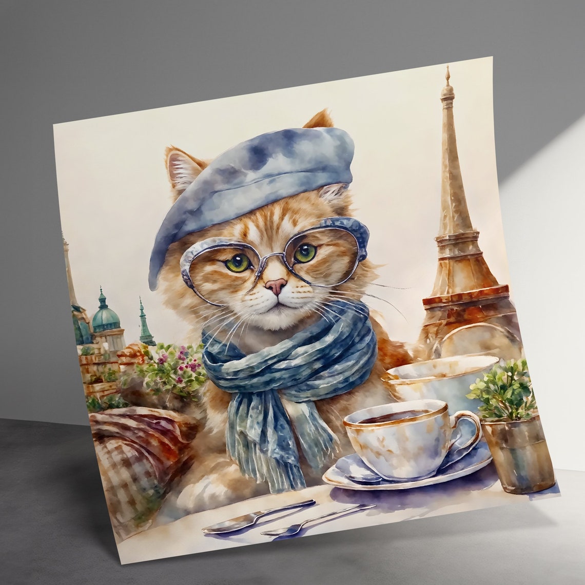 Whimsical Cat in Paris Watercolor Art Print, Sophisticated French Cat ...