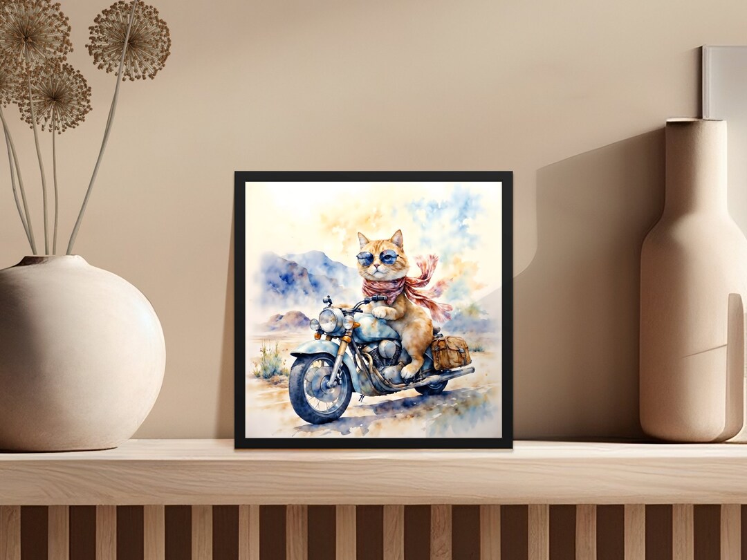 Cat on Motorcycle Print, Watercolor Art, Cool Cat Biker Wall Hanging ...