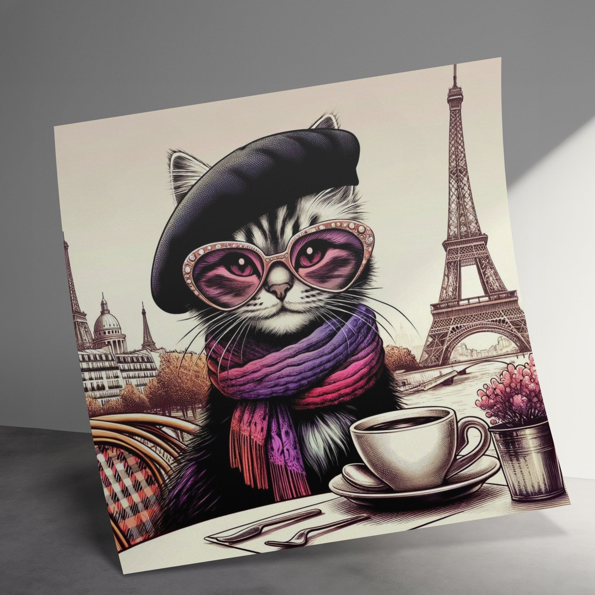 Chic Parisian Cat in Beret and Glasses, Eiffel Tower Background Wall ...