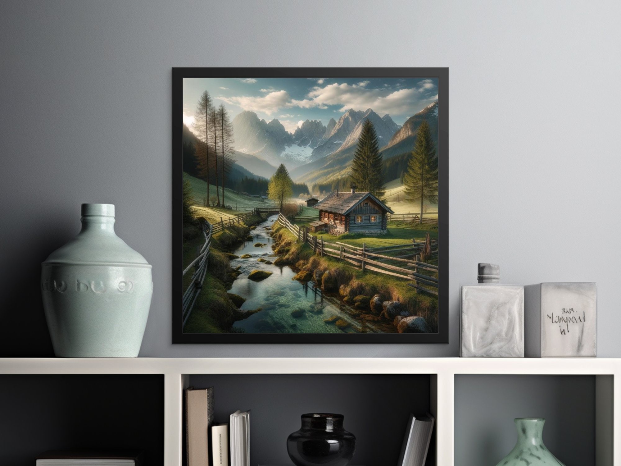 Rustic Mountain Cabin Landscape Wall Art, Scenic Nature Print, Alpine ...