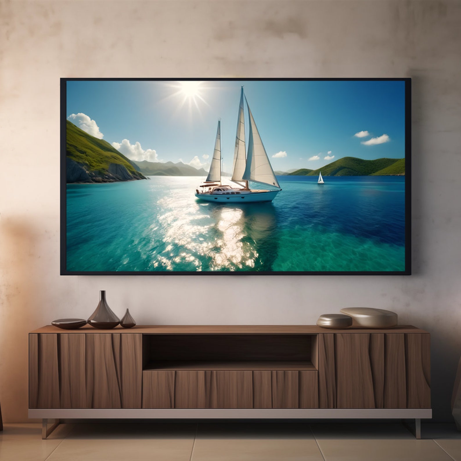 Sailboats on Tranquil Sea Digital Art, Samsung Frame TV Art, 16x9 Ratio ...