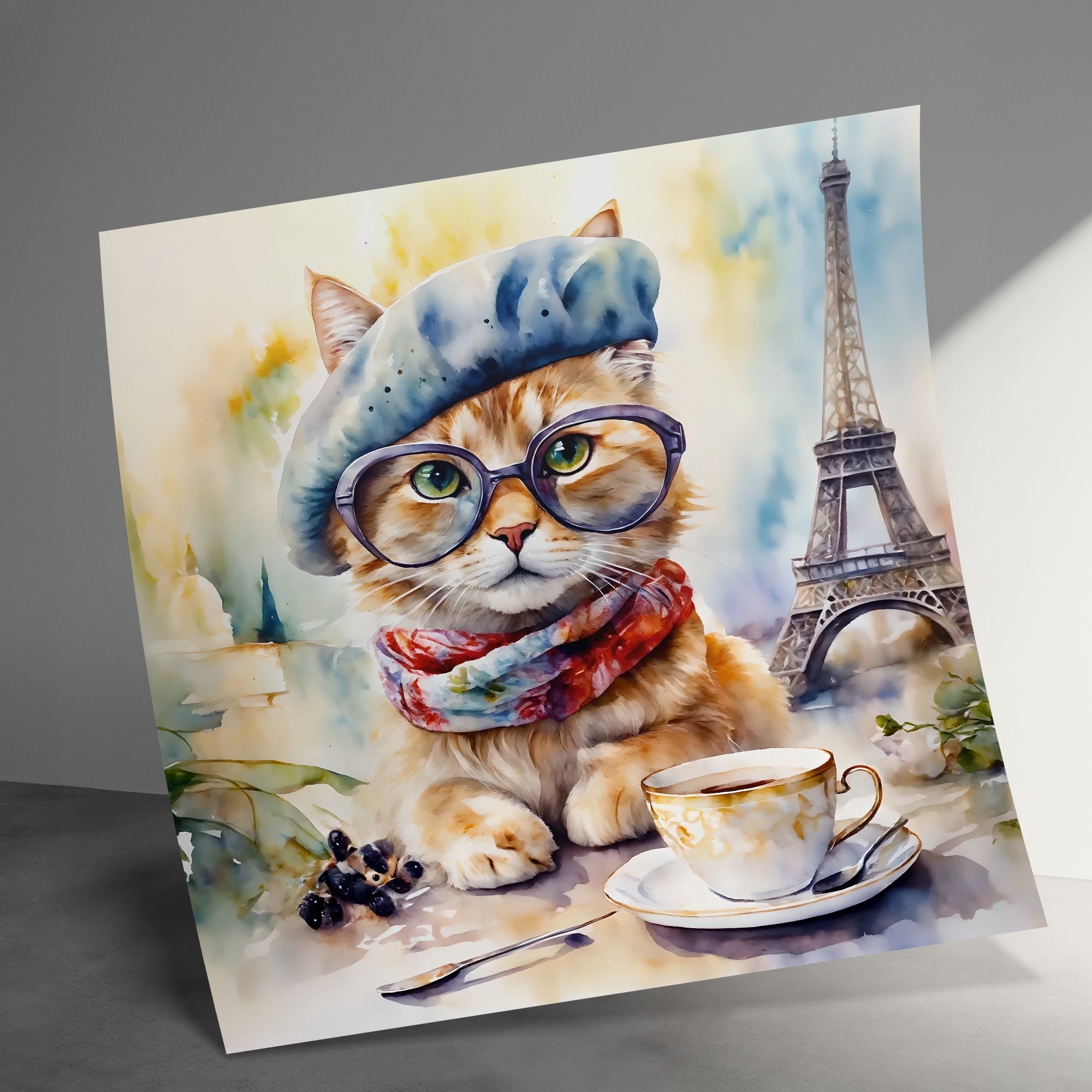 Charming Cat in Paris Watercolor Print, Wall Art, French Beret, Eiffel ...