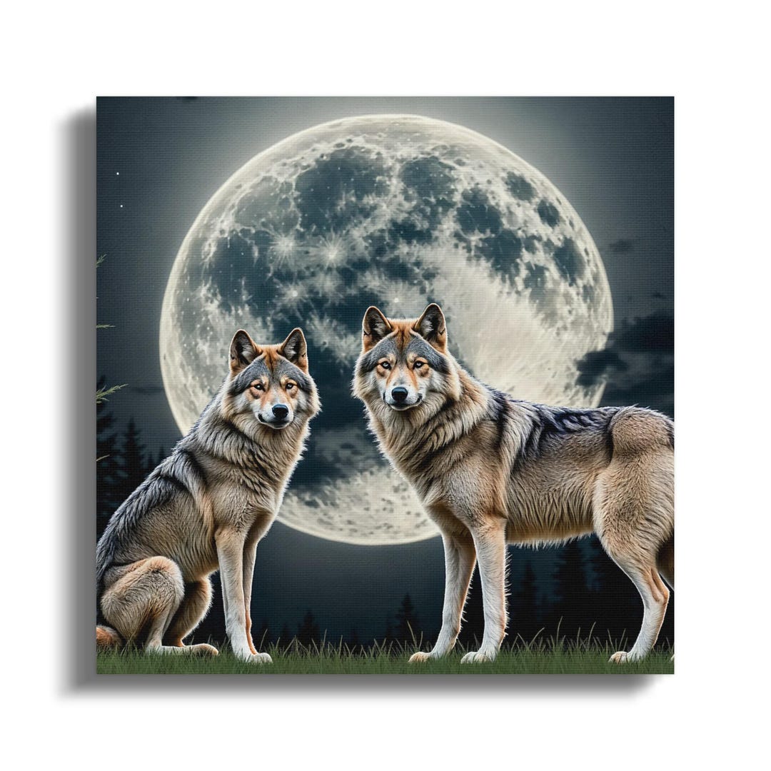 Wolf Canvas Art, Moonlit Wolves Canvas Print, Full Moon Wolf Decor ...