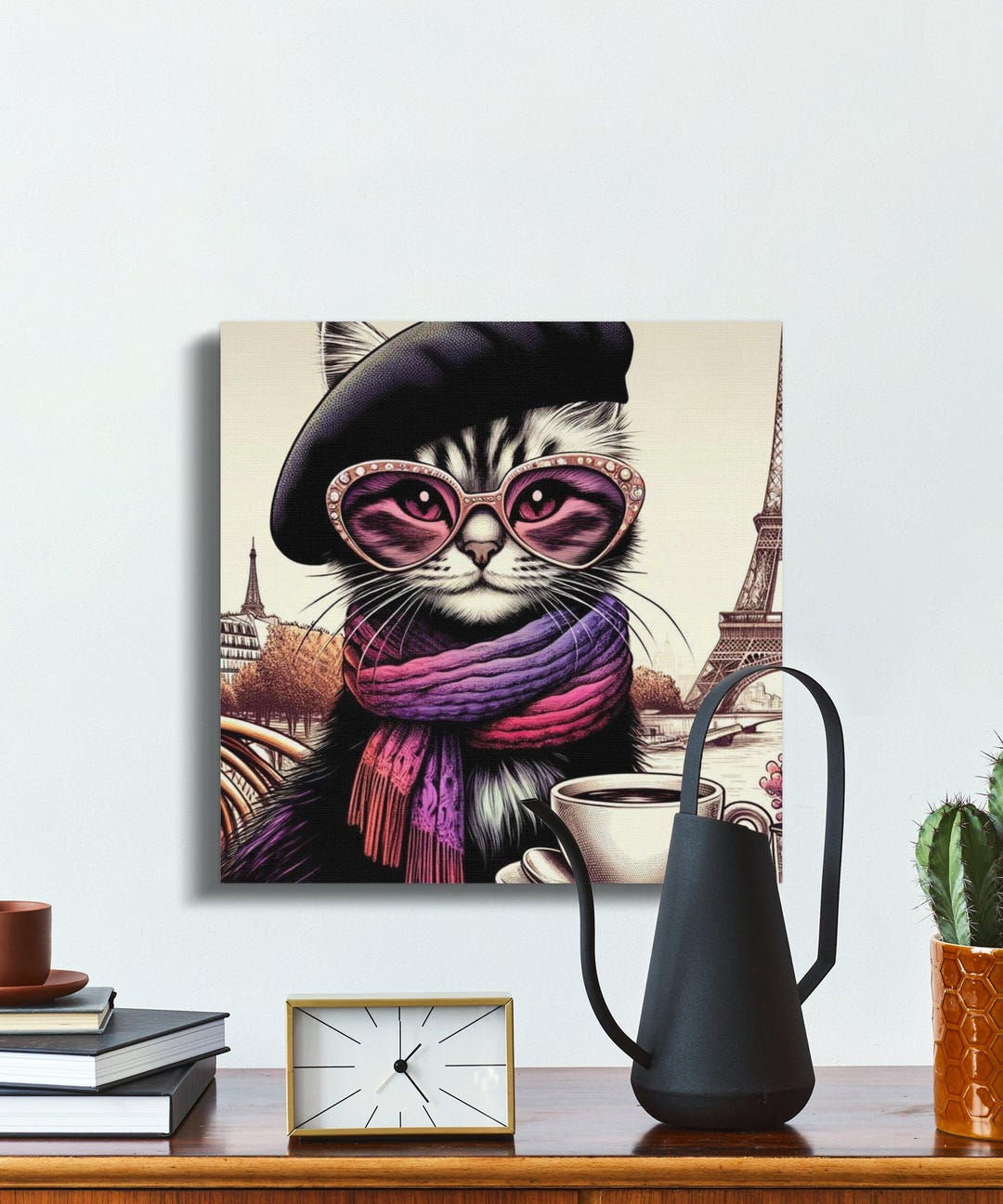 Parisian Cat Art, Cute Cat With Sunglasses, Cat Wearing Beret, Eiffel ...
