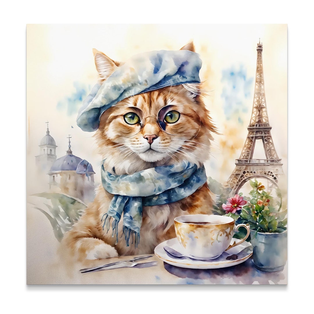 Parisian Cat Wall Art, Watercolor Cat in Beret, Eiffel Tower Background ...
