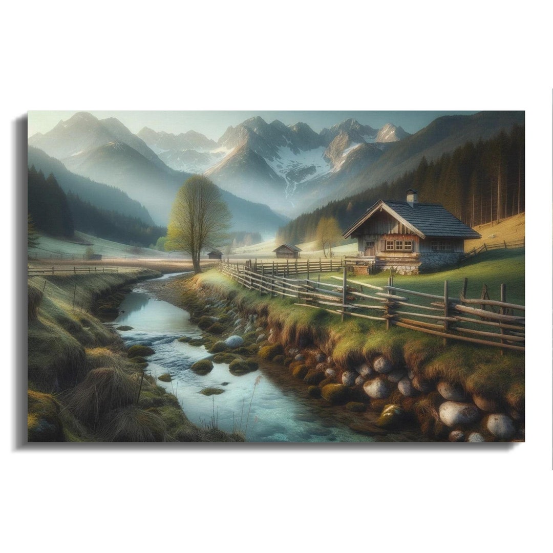 Mountain Cabin Landscape Art, Scenic Nature Wall Decor, Rustic ...