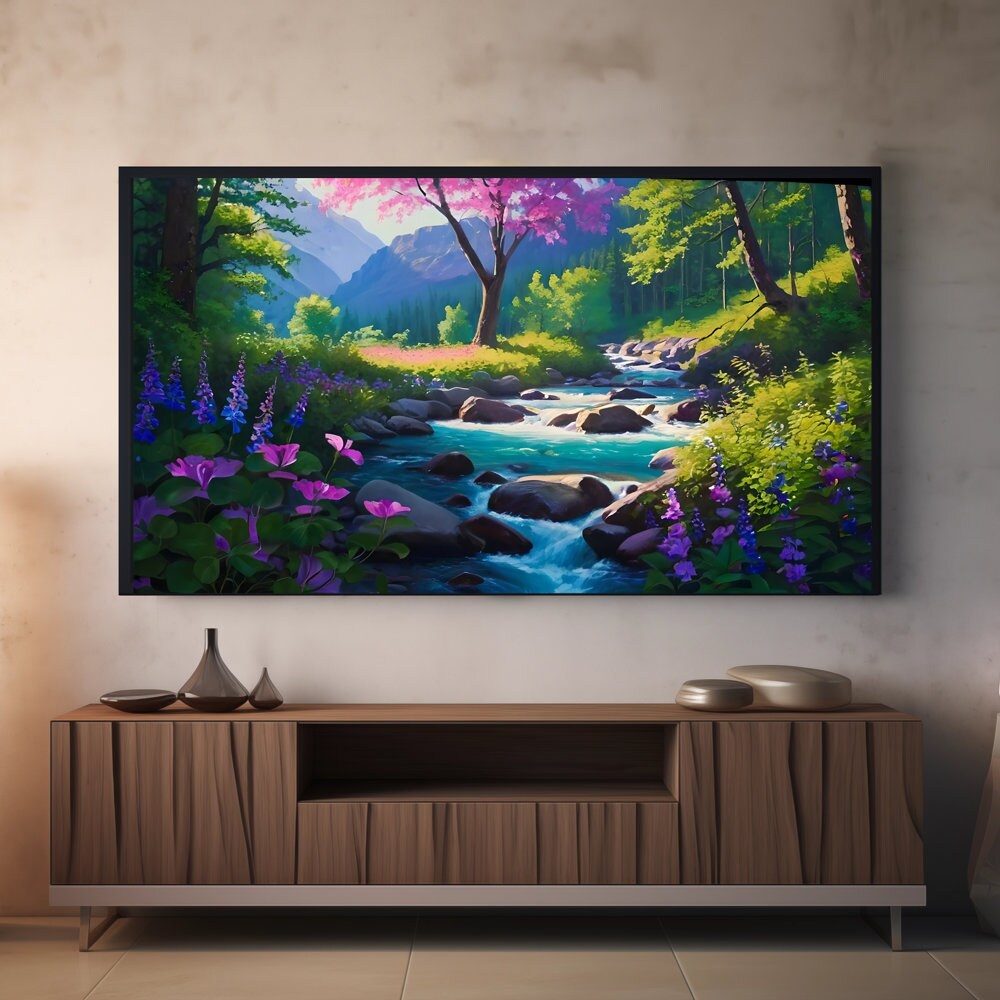 Digital Download Nature Landscape Art, Mountain Stream, Spring Flowers ...