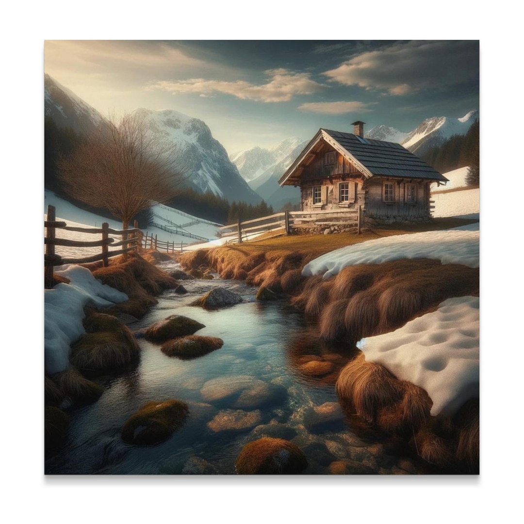 Rustic Mountain Cabin Landscape Art Print, Alpine Winter Scenery Wall ...