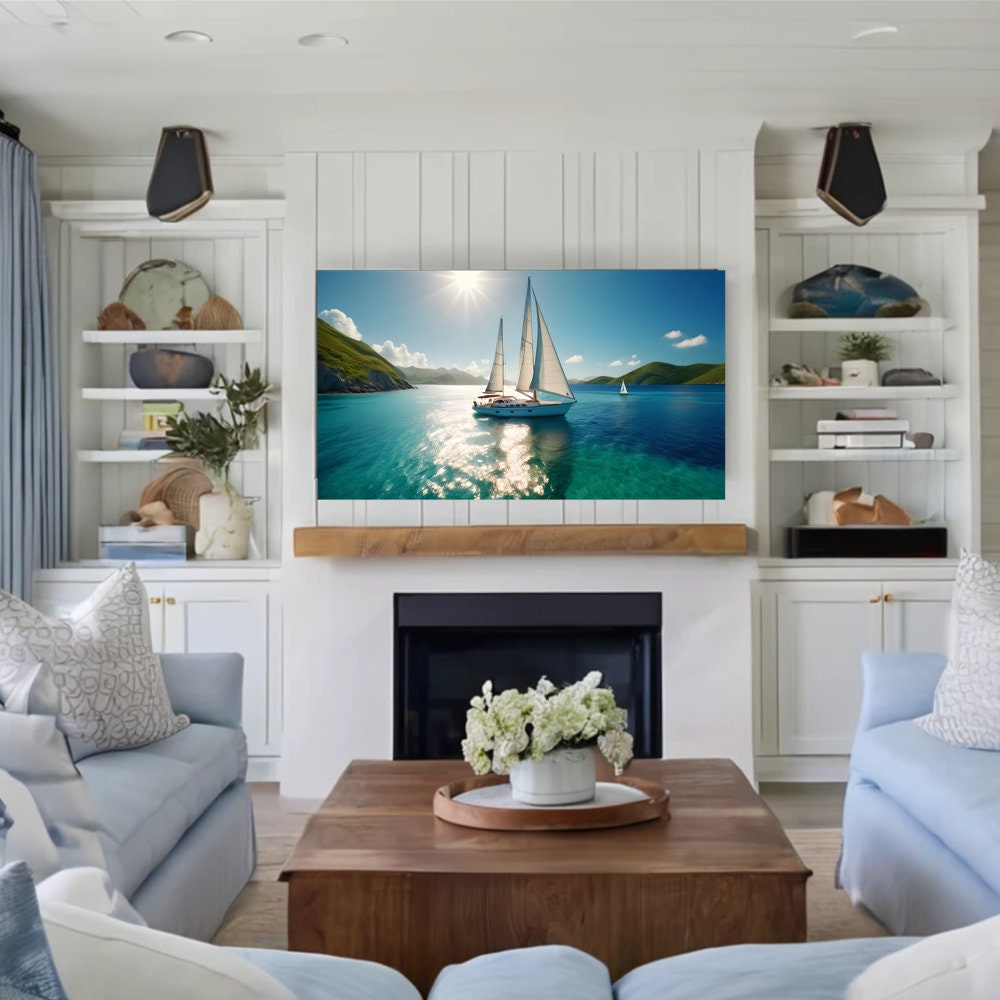 Sailboats on Tranquil Sea Digital Art, Samsung Frame TV Art, 16x9 Ratio ...