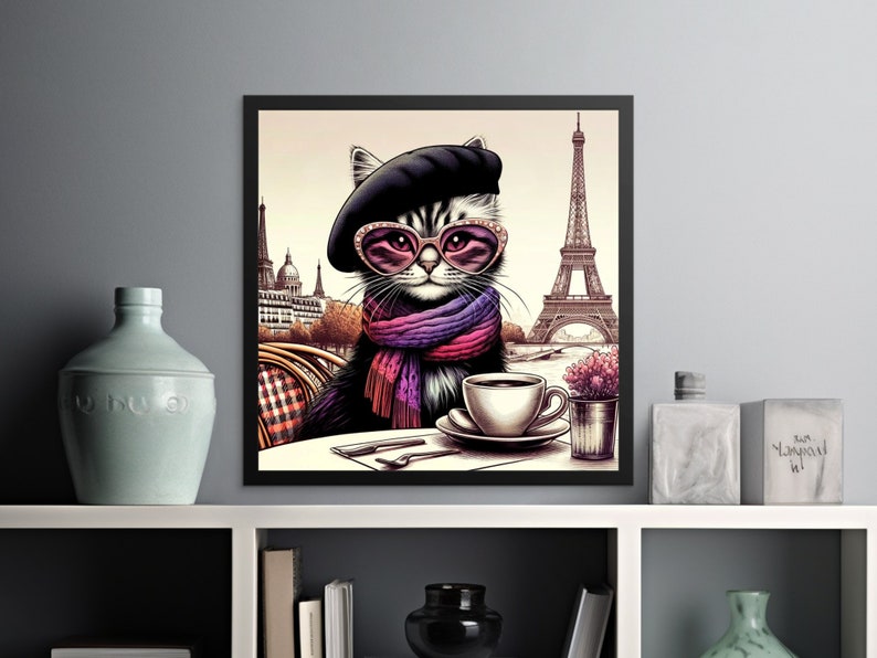 Chic Parisian Cat in Beret and Glasses, Eiffel Tower Background Wall ...