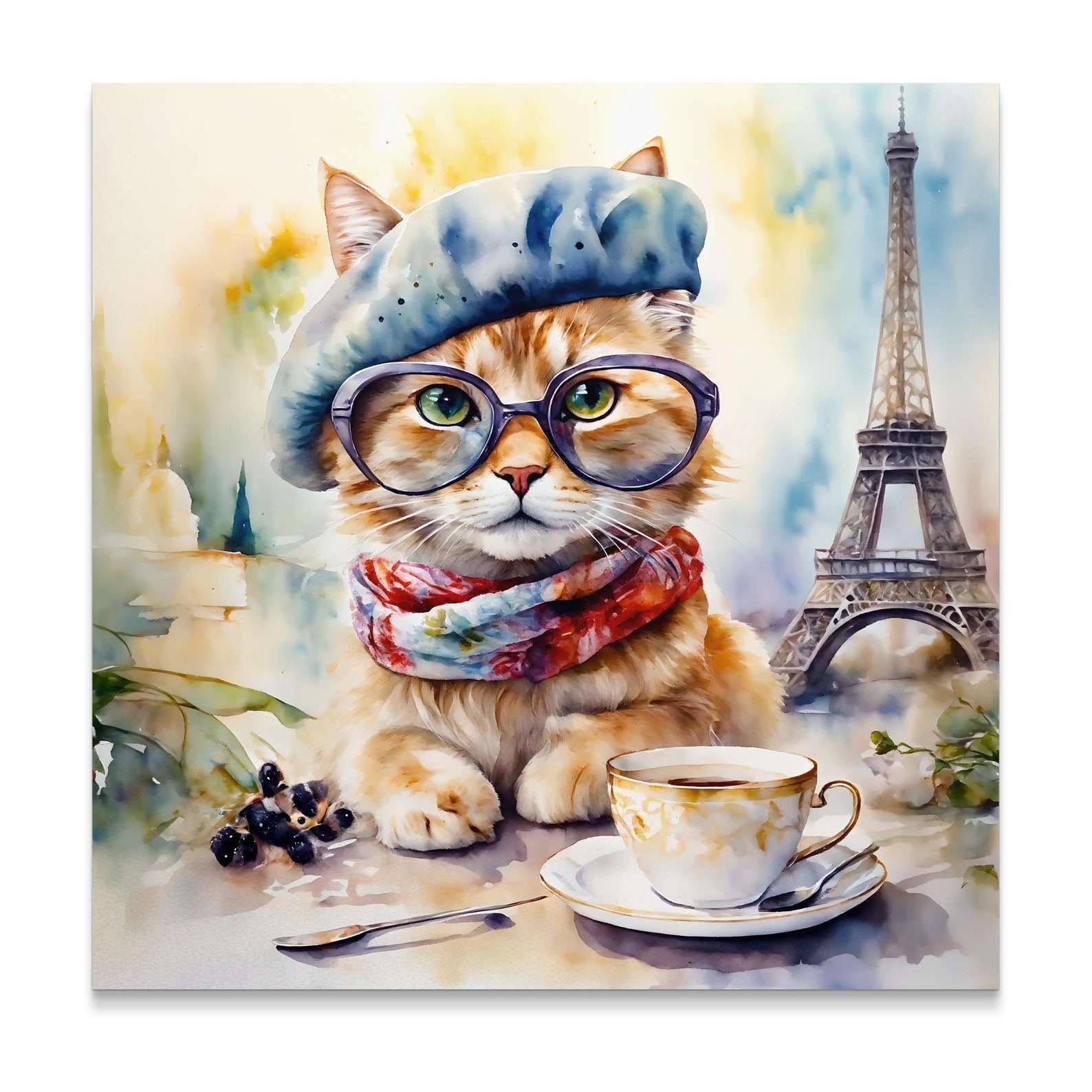 Charming Cat in Paris Watercolor Print, Wall Art, French Beret, Eiffel ...
