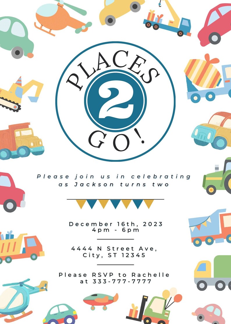 Car and Construction Themed Second Birthday Invitation - Places to Go ...