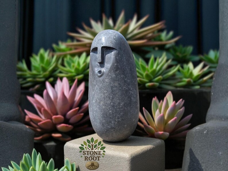 Hand-carved Pebble / Stone Face Sculpture | 16cm Garden Decor Ornament ...