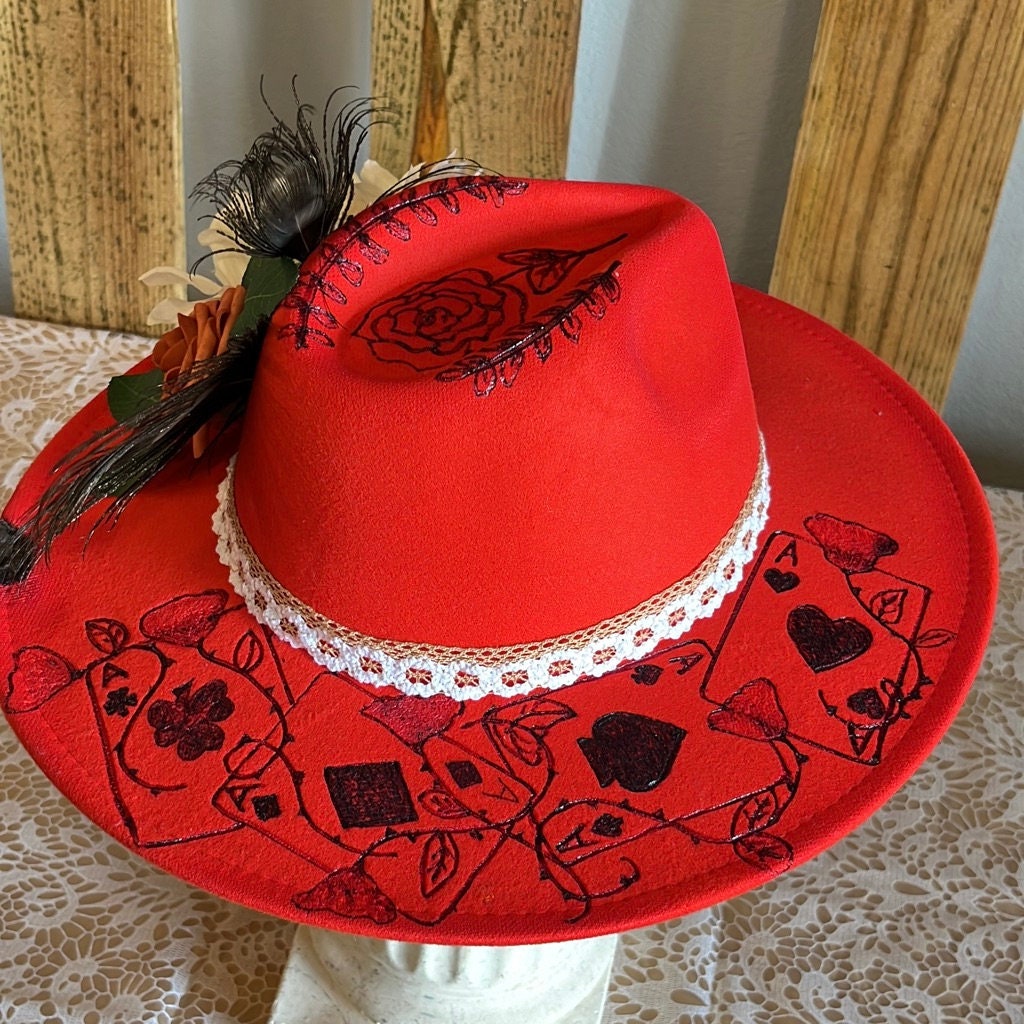 Red Hand Burned Card Detailing Wide Brim Hat - Etsy