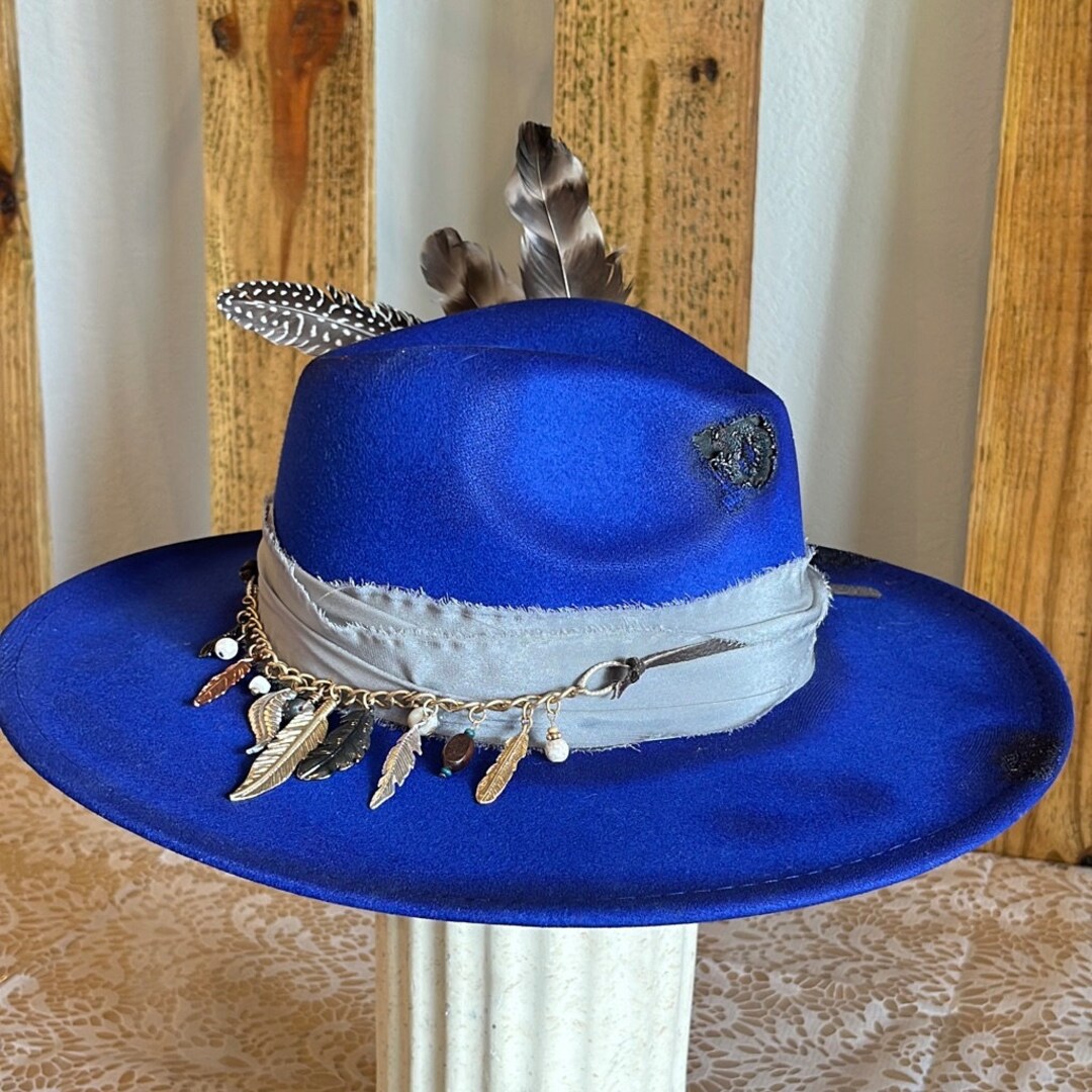 Royal Blue Distressed Wide Brim Hat - Etsy