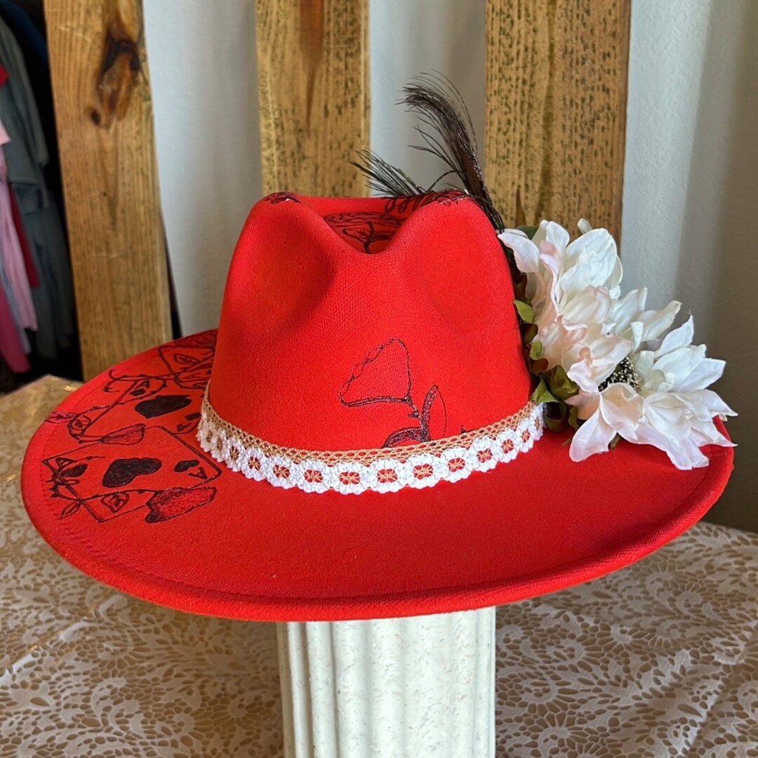 Red Hand Burned Card Detailing Wide Brim Hat - Etsy