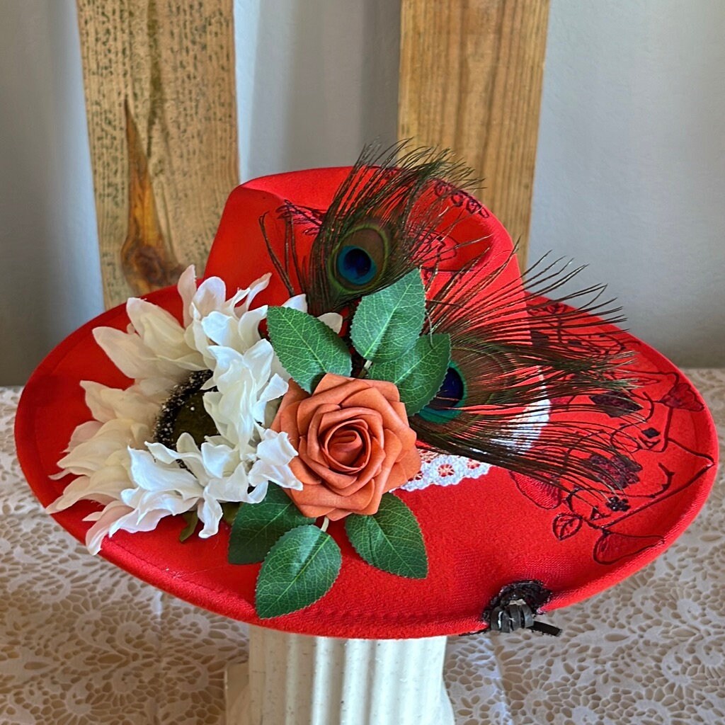 Red Hand Burned Card Detailing Wide Brim Hat - Etsy