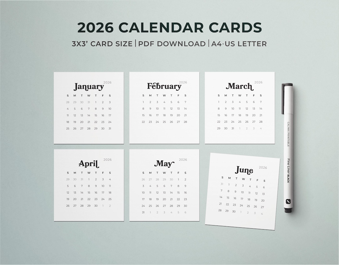 2026 Mini Calendar Printable Cards | 3x3 Square Planner Cards | 2026 Monthly Desk Calendar ...