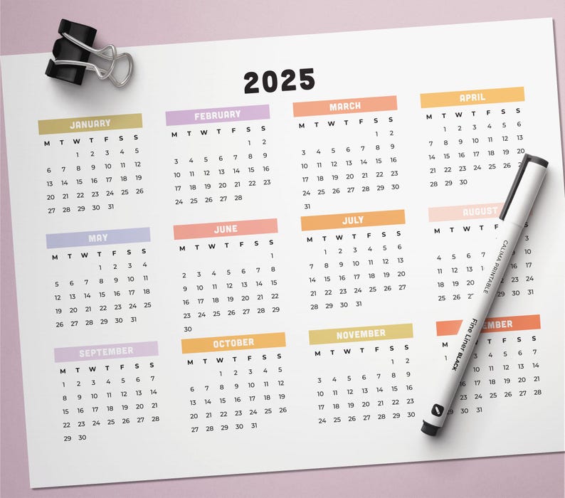2025 Printable Yearly Calendar | Colorful Horizontal Calendar | Sunday ...