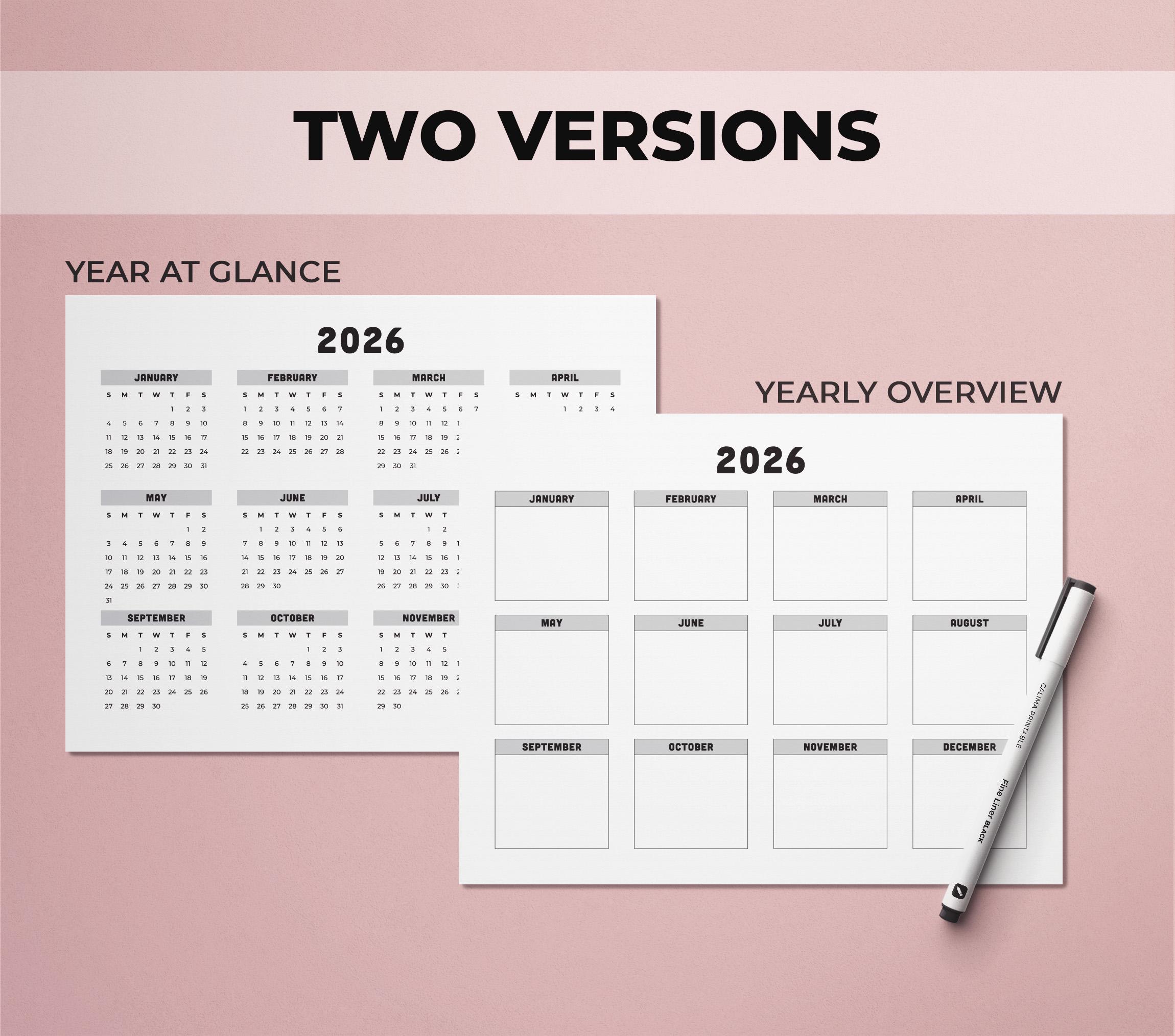 2026 Printable Yearly Calendar | Horizontal Calendar | Sunday Monday ...