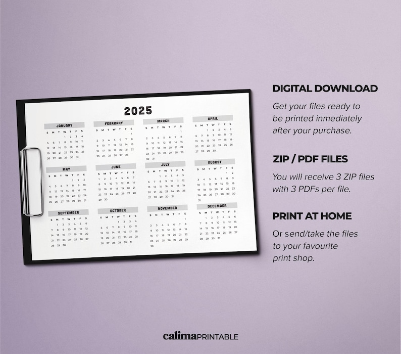 2025 Printable Yearly Calendar | Horizontal Calendar | Sunday Monday ...