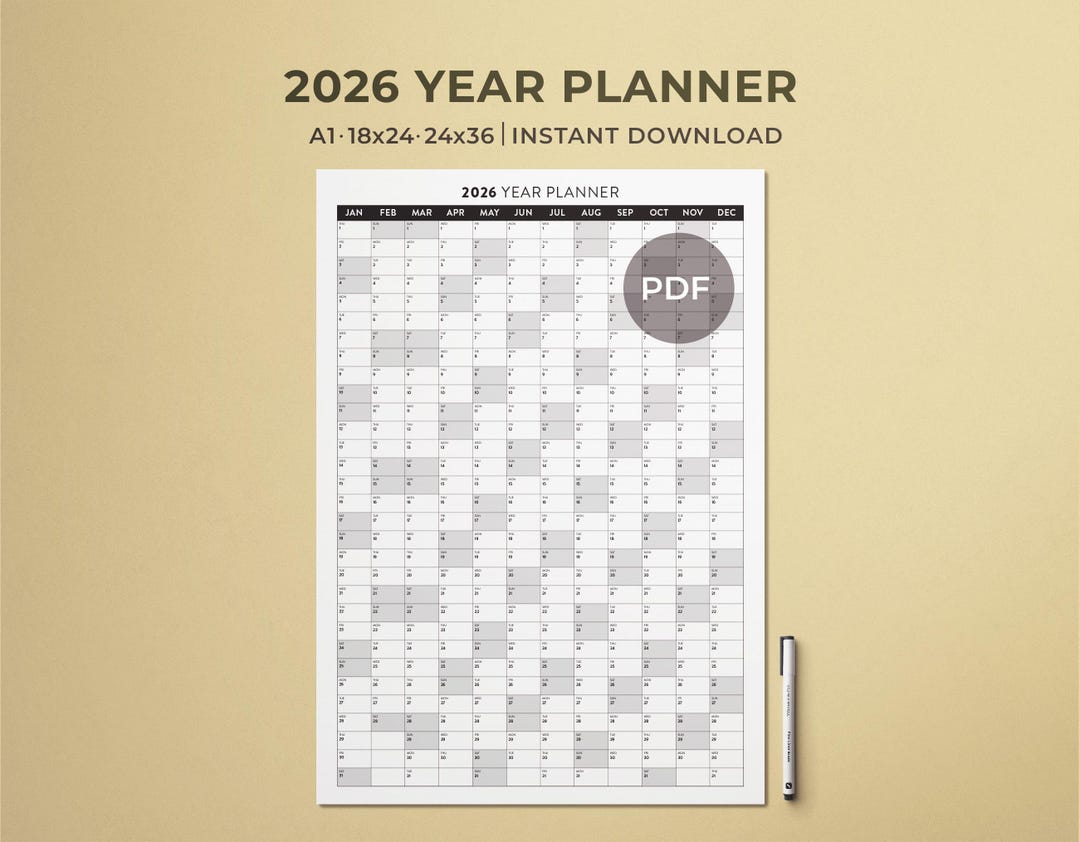 2026 Printable Year Planner | Large Wall Calendar 2026 | Yearly Wall ...
