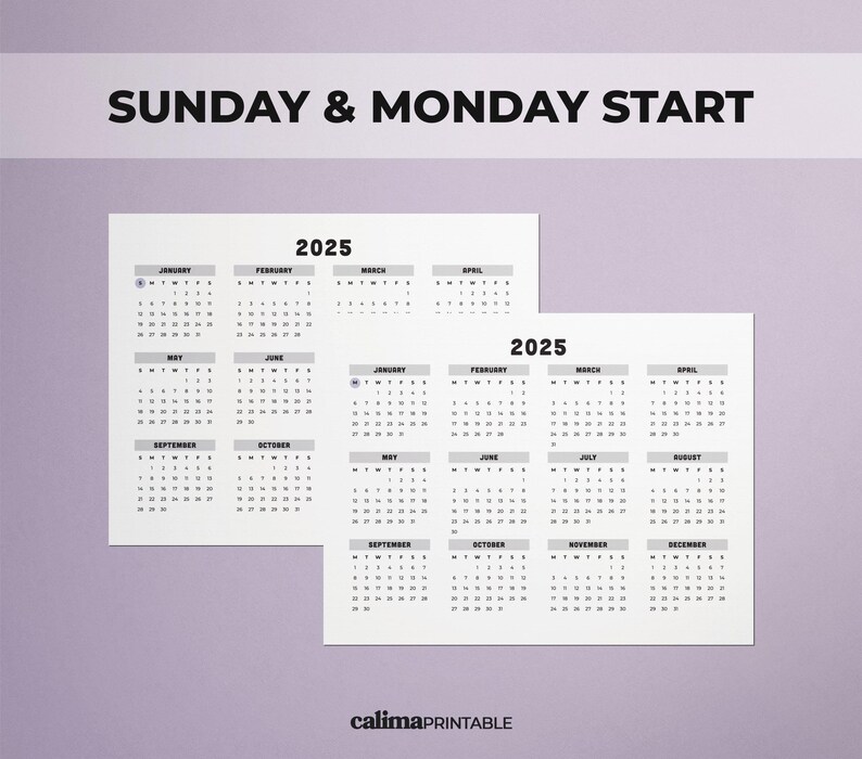 2025 Printable Yearly Calendar | Horizontal Calendar | Sunday Monday ...