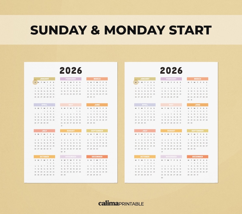 2026 Printable Yearly Calendar | Colorful Portrait Year | Sunday Monday ...