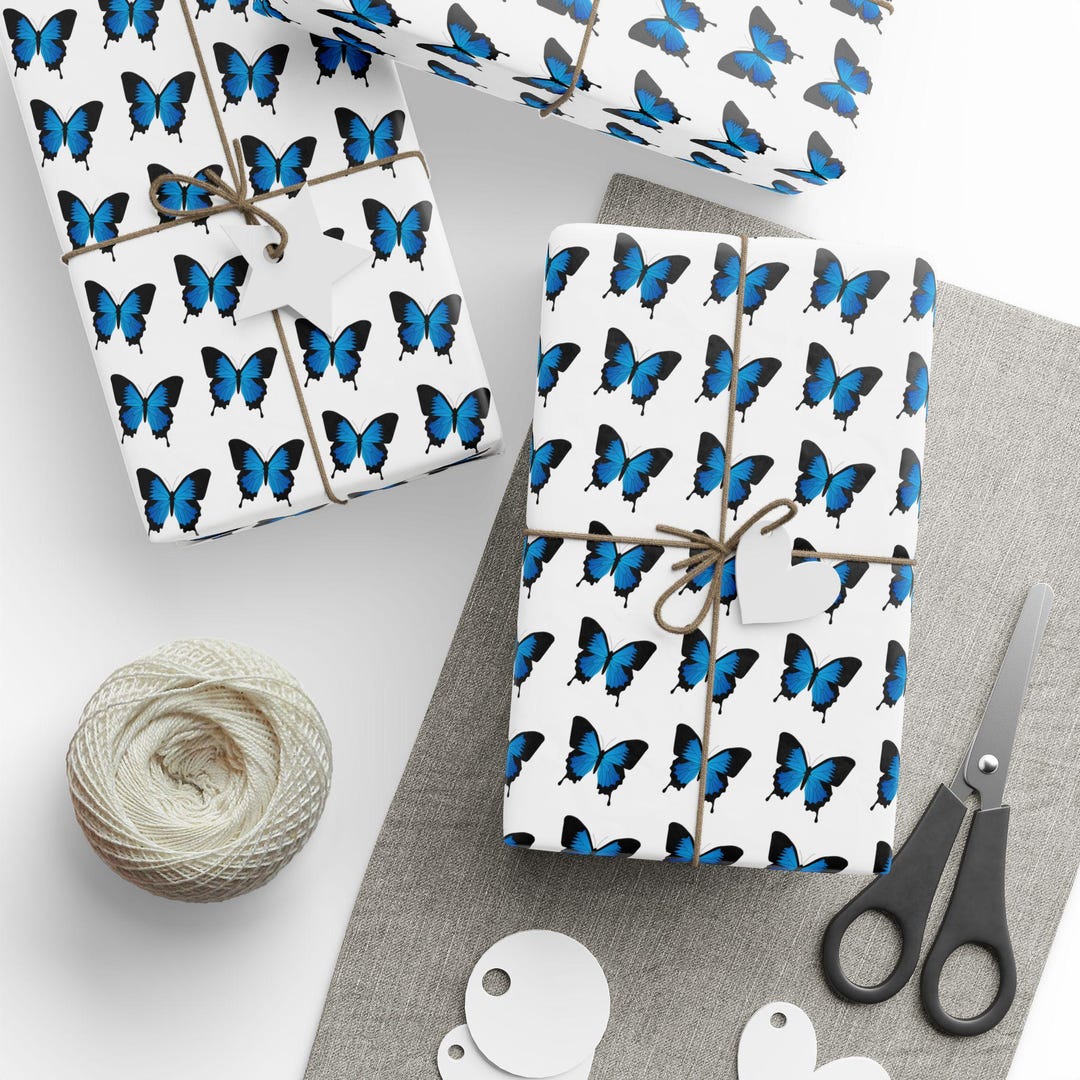 Blue Butterfly Pattern Wrapping Paper | Butterfly Nature Gift Wrap - Etsy