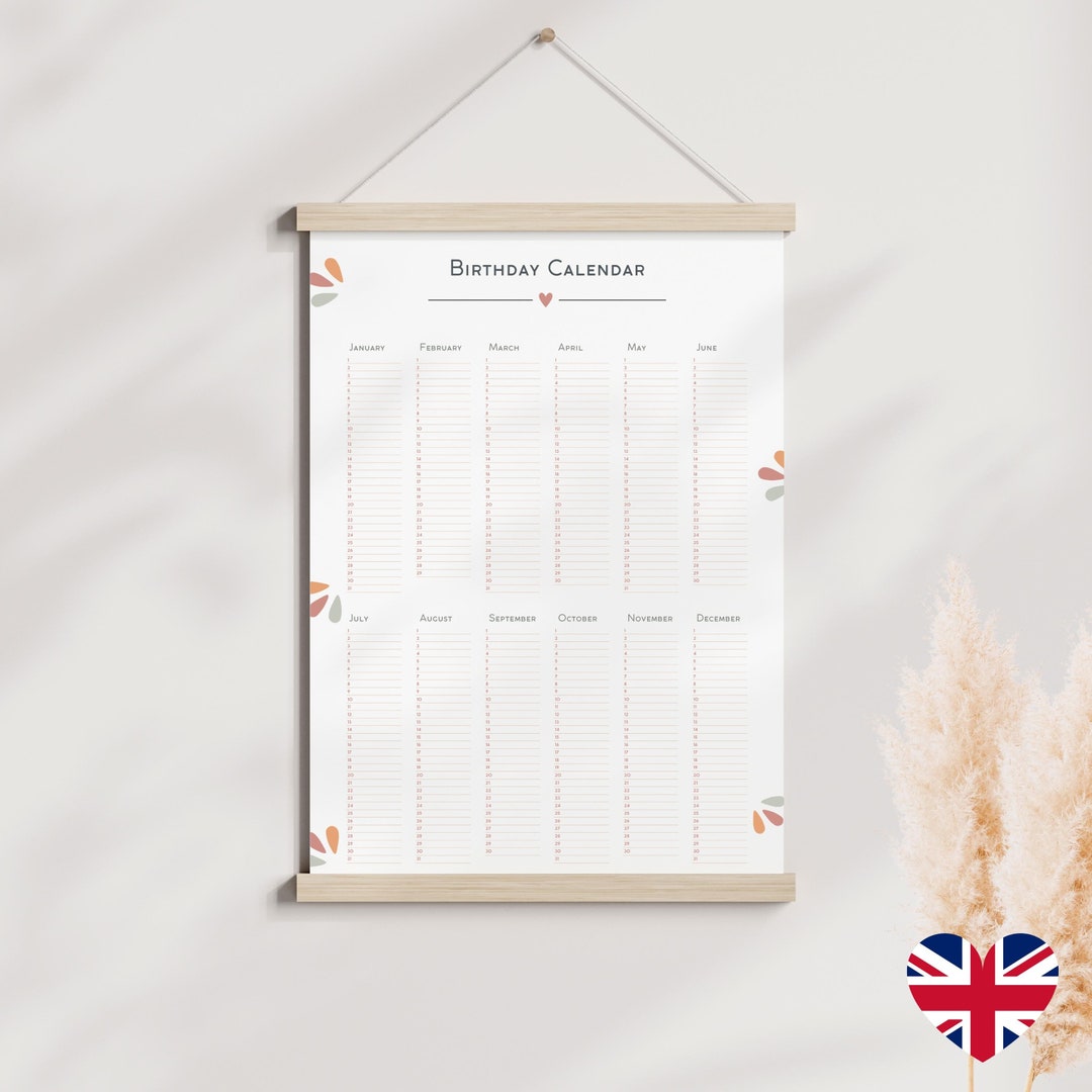 Birthday Calendar Poster in ENGLISH to Fill In, Colorful Petal Patterns ...