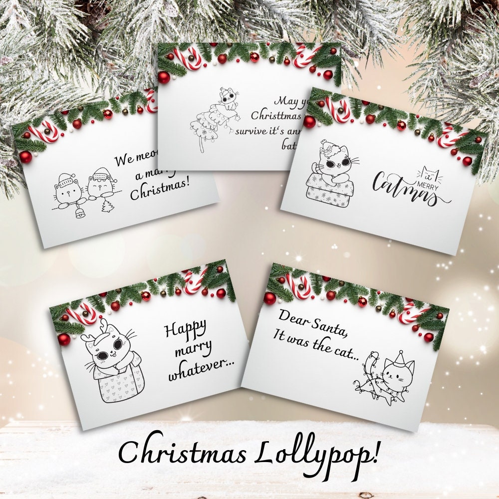 Cat Christmas Cards Printable and Foldable. Five Different Designs on ...