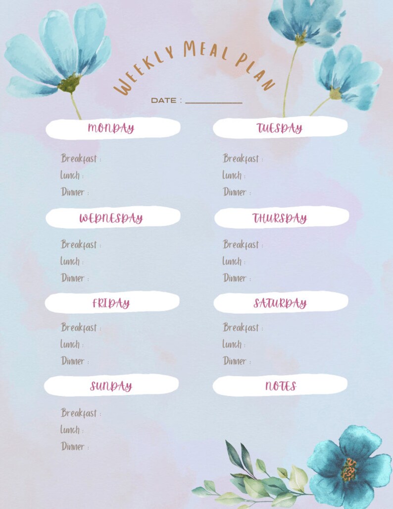 Floral Meal Planner- Printable, Instant Download, A4 Planner, Weekly ...