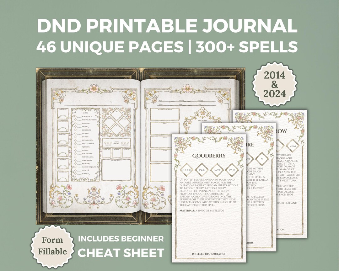 Printable Dnd Character Journal + Dnd 2024 2014 Spell Card Bundle ...